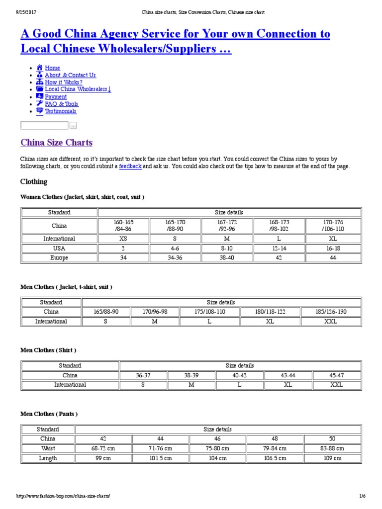 China Size Charts, Size Conversion Charts, Chinese Size Chart ...