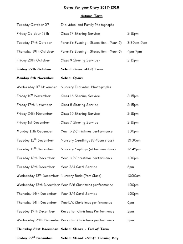 Dates For Diary 2017-2018 | PDF | Sports | Leisure