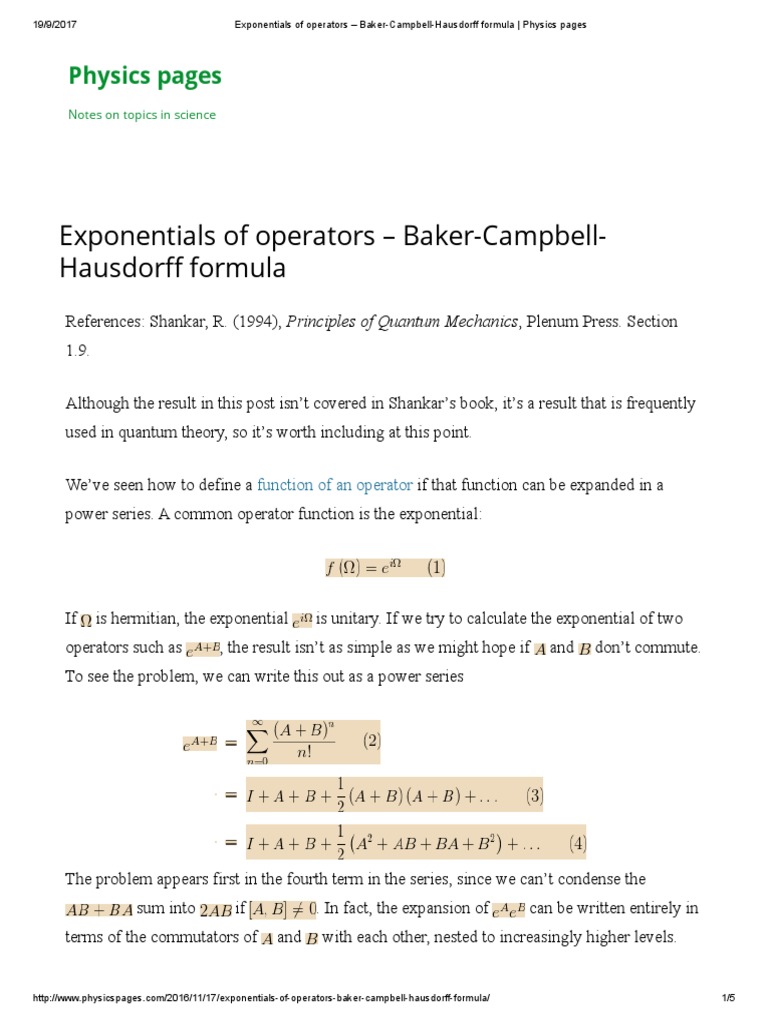 Exponentials of Operators - Baker-Campbell-Hausdorff Formula - Physics ... Exponentials of Operators - Baker-Campbell-Hausdorff Formula - Physics ...