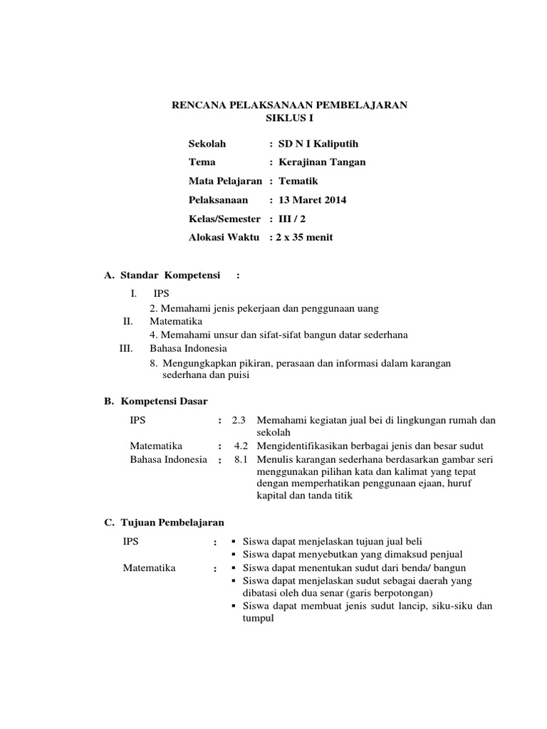 RPP Siklus I MTK Kls 3 | PDF | Seni