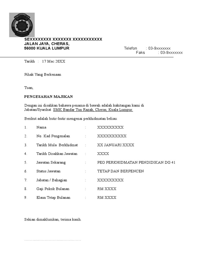 Contoh Surat Pengesahan Majikan 2.1 | PDF