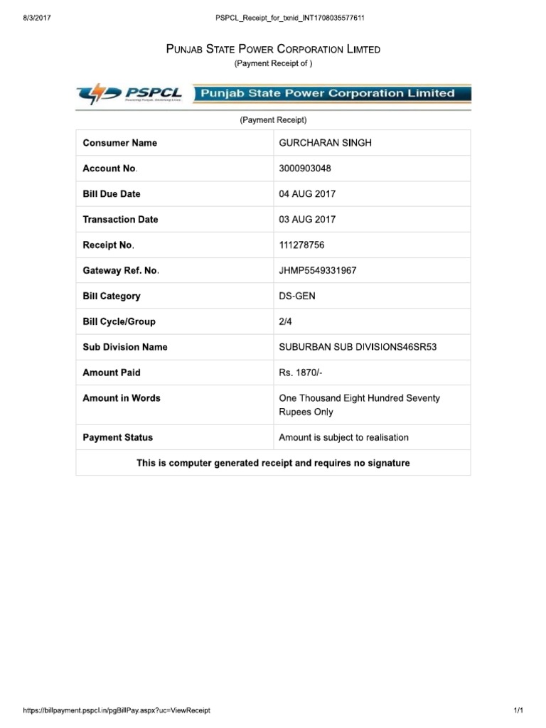 PSPCL Receipt | PDF