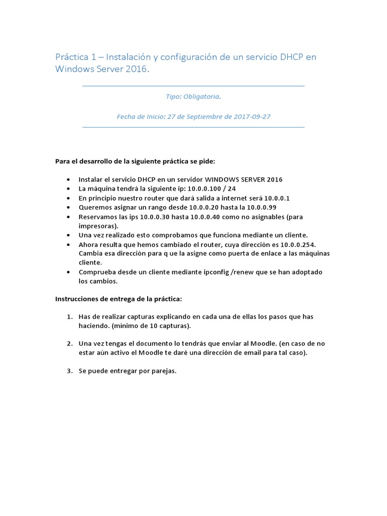 Práctica 1 - Instalación y Configuración de Un Servicio DHCP en Windows Server 2016 | PDF ...