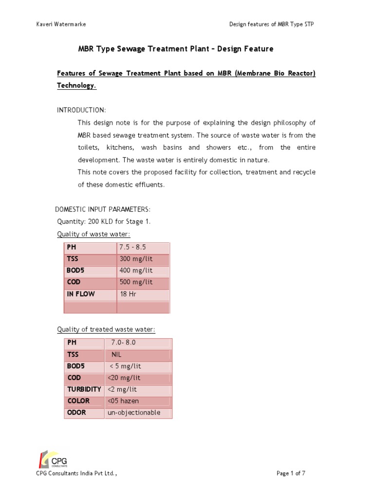 MBR-STP Design Features | PDF | Sewage Treatment | Wastewater