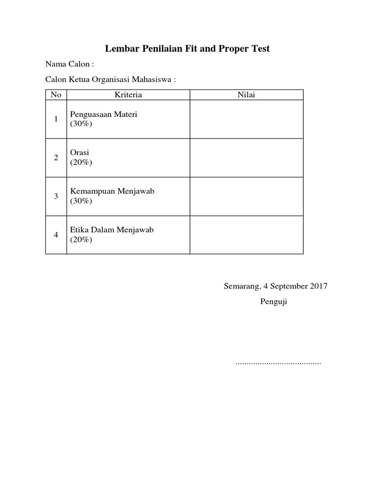 Lembar Penilaian Fit and Proper Test | PDF