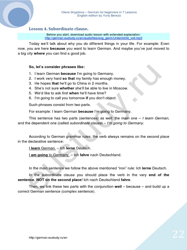Subordinate Clauses in German Grammar | PDF | Sentence (Linguistics ...