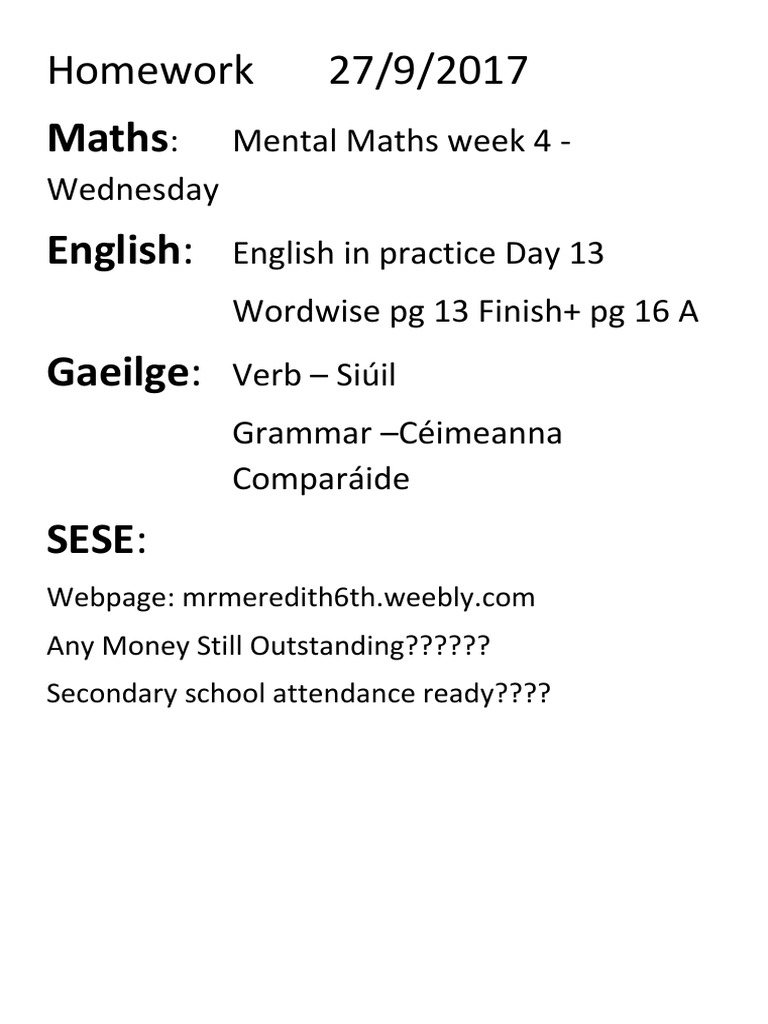 Maths English: Gaeilge:: Homework 27/9/2017 | PDF