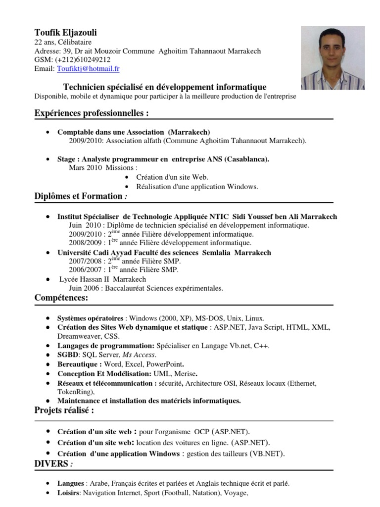 CV Technicien Spécialisé en Informatique | PDF