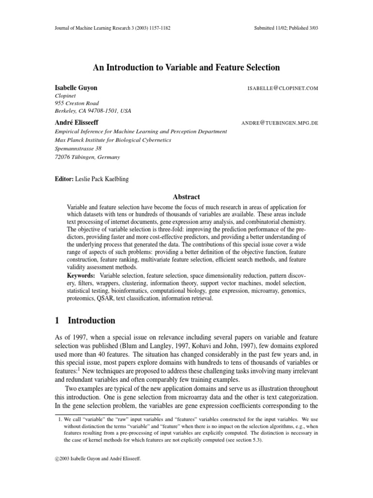 An Introduction To Variable and Feature Selection: Isabelle Guyon | PDF