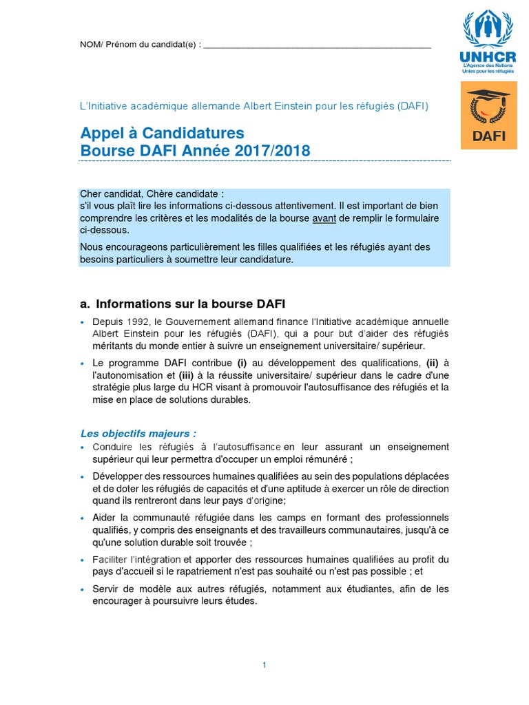 Formulaire de Demande DAFI - FR | PDF | Haut Commissariat des Nations ...