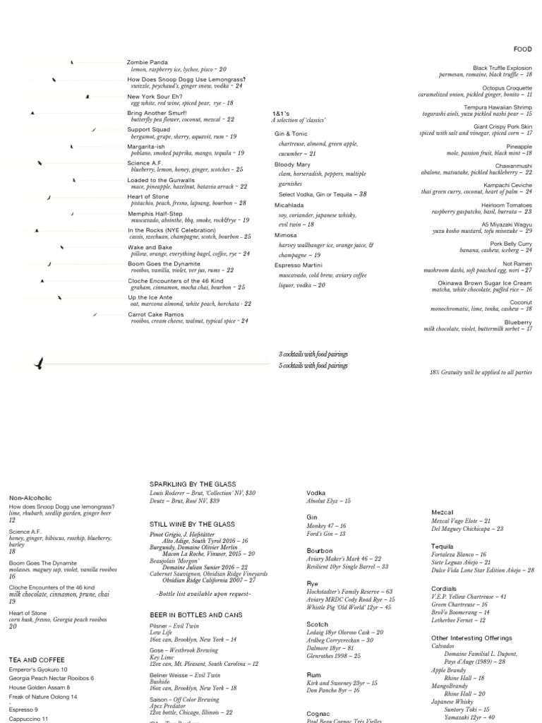 The Aviary NYC Menu | Pickling | Drink