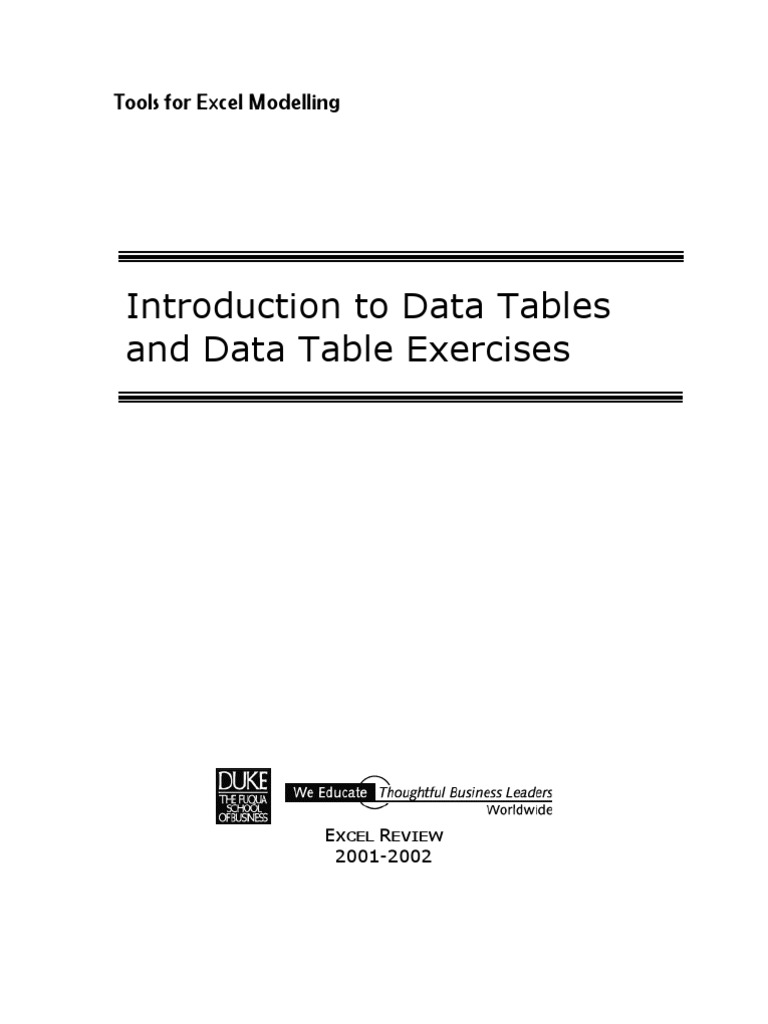 Introduction To Data Tables and Data Table Exercises: Tools For Excel ...