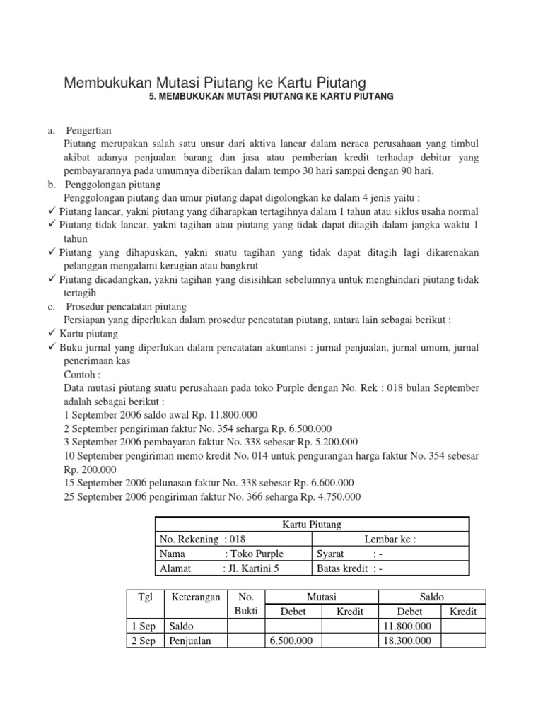 Membukukan Mutasi Piutang Ke Kartu Piutang | PDF