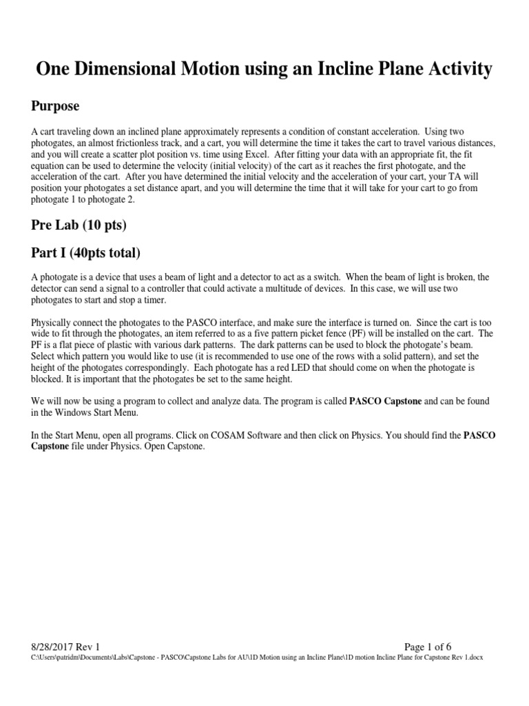 1D Motion Using An Incline Plane For Capstone | PDF | Velocity ...