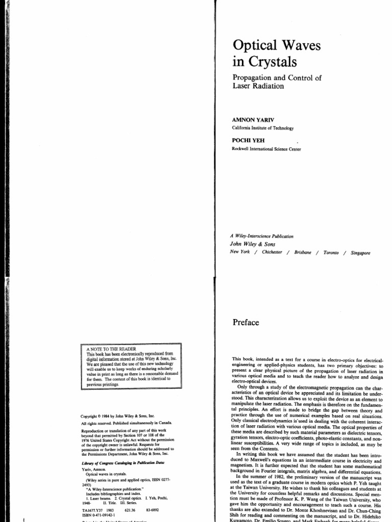 Amnon Yariv, Pochi Yeh-Optical Waves in Crystals - Propagation and Control of Laser Radiation ...