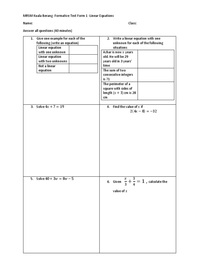 Linear Equation Test | PDF