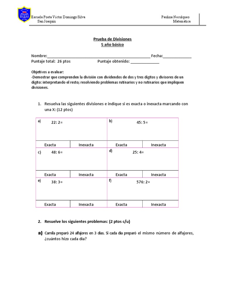 Prueba de Divisiones para 5° Básico | PDF