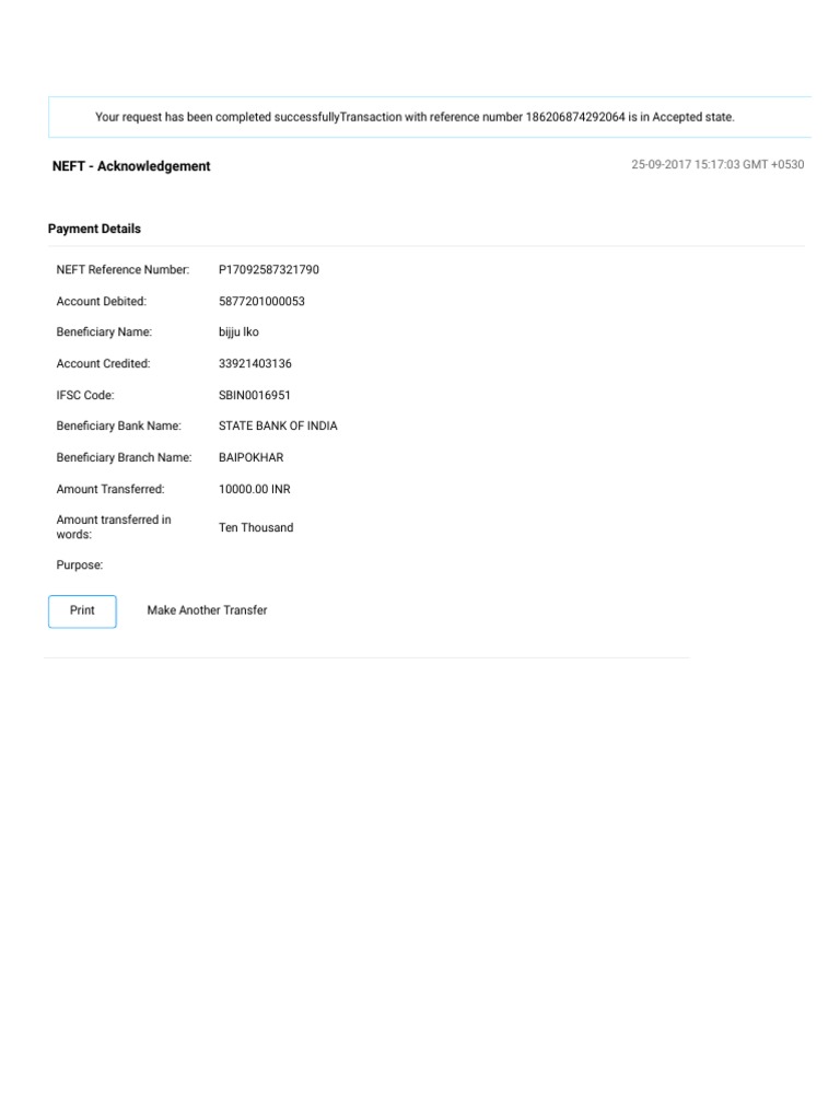 Successful NEFT Transaction Notification with Reference Number 186206874292064 and Payment of Rs ...