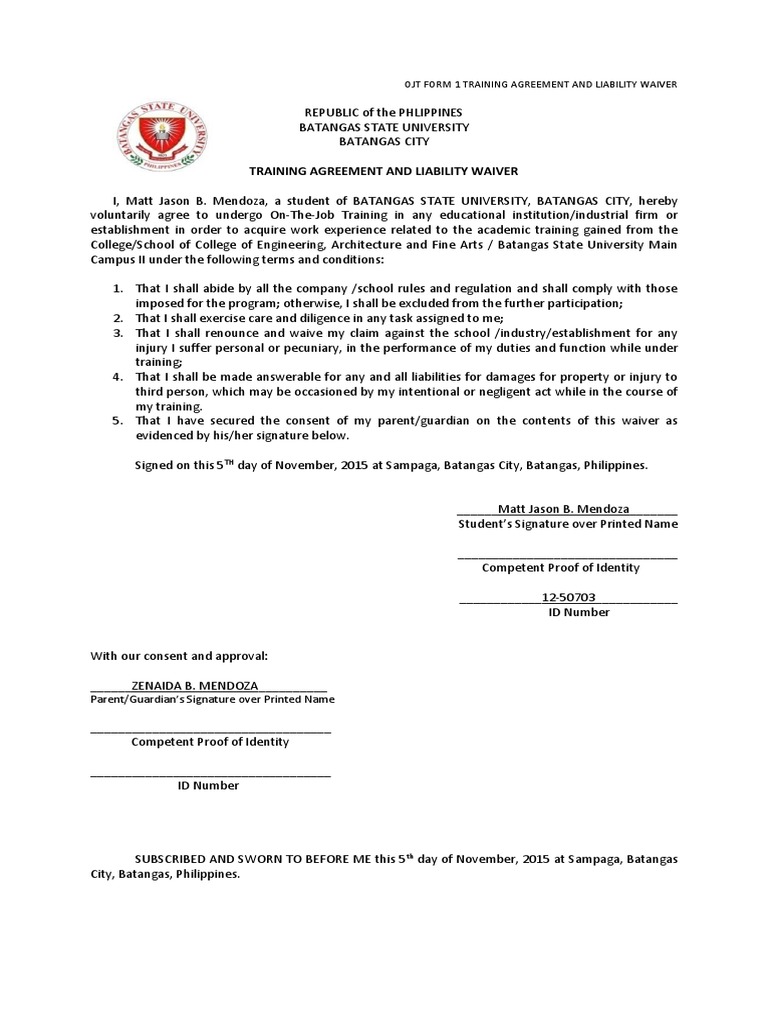 Ojt Form 1 Training Agreement and Liability Waiver | PDF | Civil Law (Legal System) | Virtue