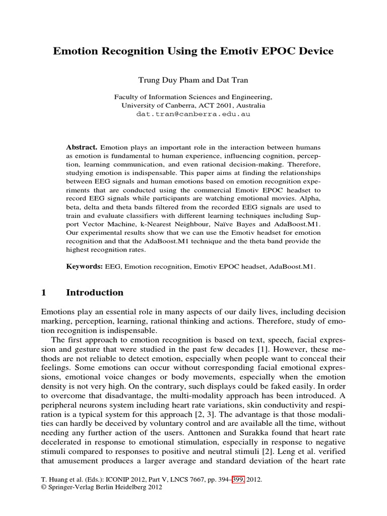 Emotion REcognition Using The Emotiv Epoc Device PDF | PDF ...