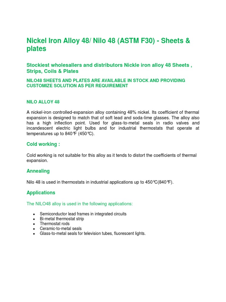 Nickel Iron Alloy 48/ Nilo 48 (ASTM F30) - Sheets & Plates Suppliers in ...