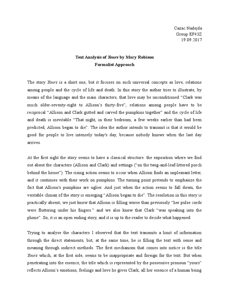 Yours - Analysis (Formalist Approach) | PDF | Psychological Concepts