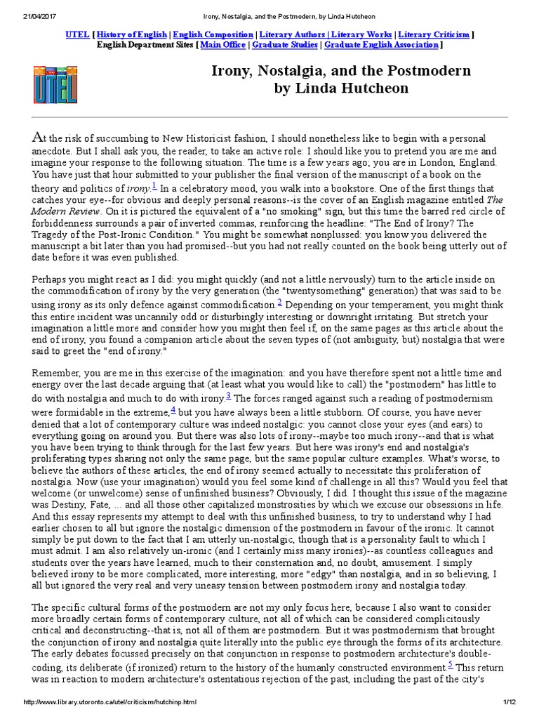 Irony, Nostalgia, and The Postmodern, by Linda Hutcheon PDF | PDF ...