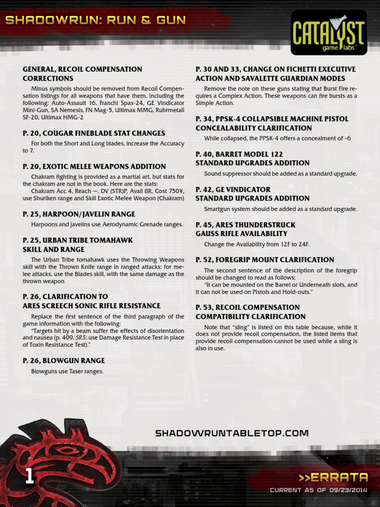 Shadowrun 5 - Run and Gun Errata PDF | PDF | Ammunition | Swordsmanship