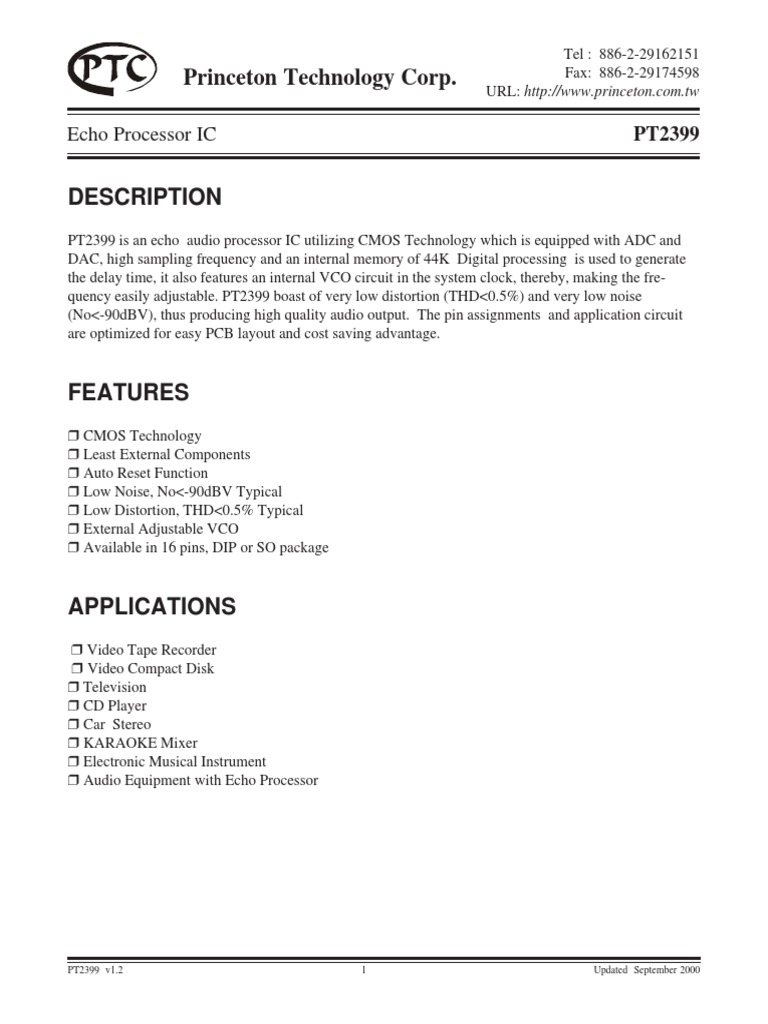 PT2399 Echo Processor IC Spec Sheet | PDF | Central Processing Unit ...