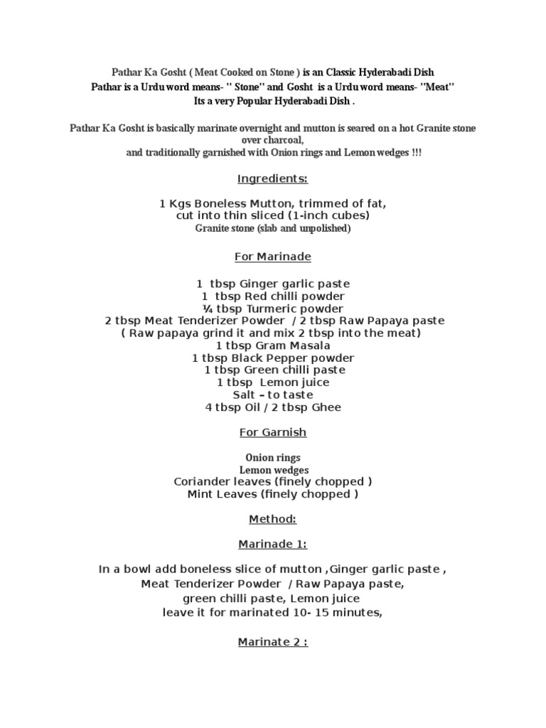 Pathar Ka Gosht Dish Making | PDF | Lamb And Mutton | Marination