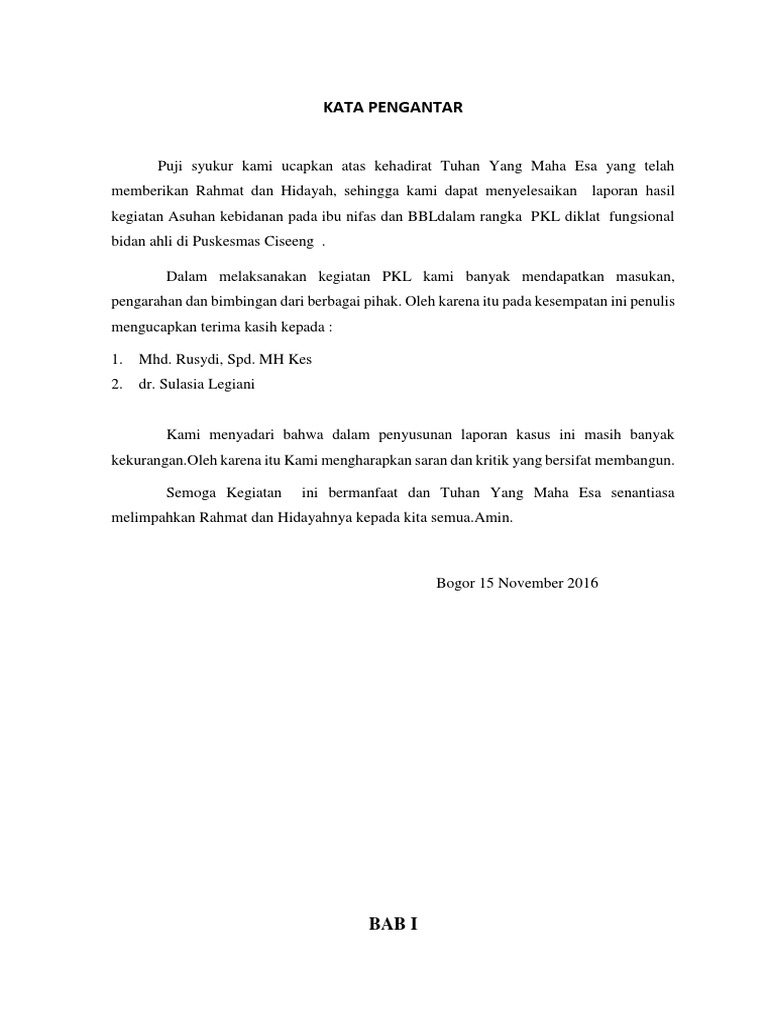 KATA PENGANTAR DAN PENDAHULUAN LAPORAN PKL DI PUSKESMAS CISEENG | PDF