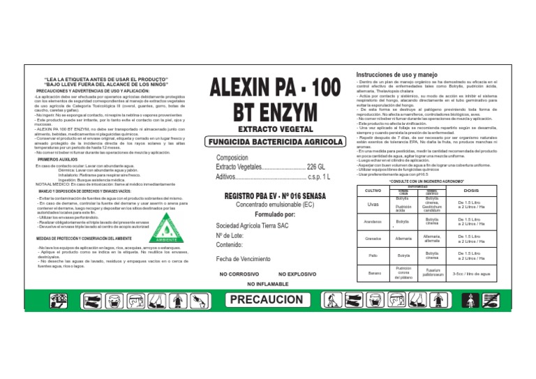 Etiqueta ALEXIN PA - 100 BT ENZYM - Senasa Cambio | PDF | Pesticida | Agua