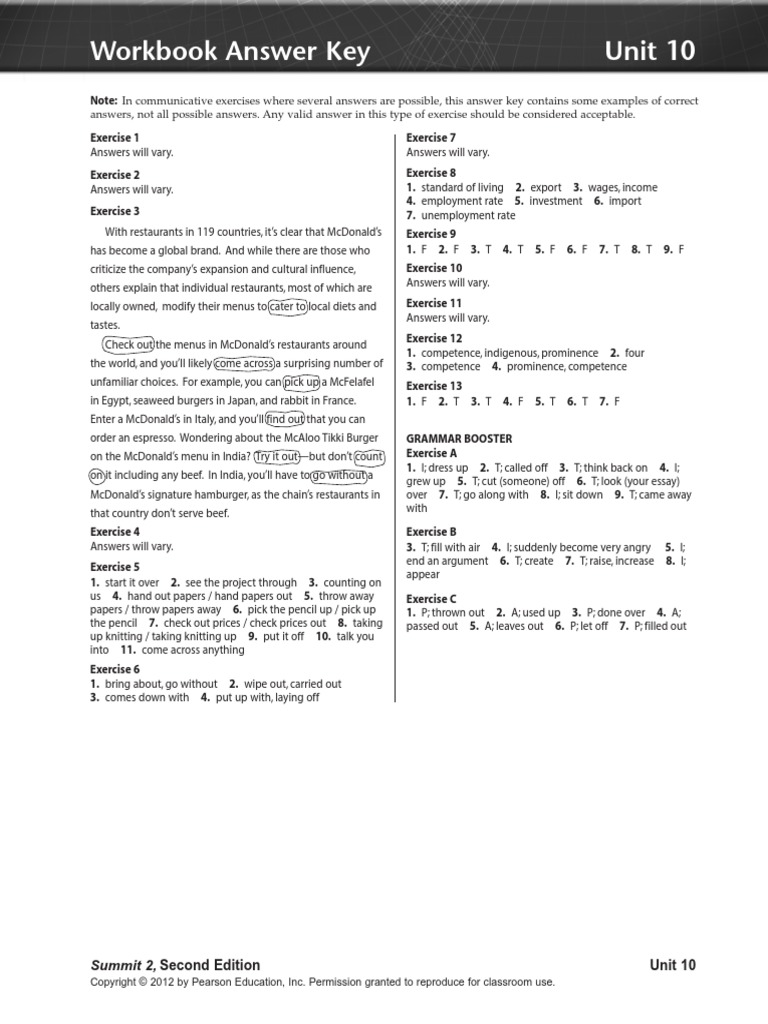 Workbook Answer Key Unit 10: Summit 2, Second Edition | PDF | Menu | Mc Donald's