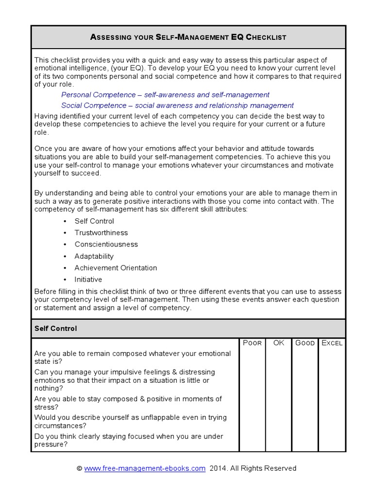 Self Management Checklist PDF | PDF | Emotional Intelligence | Self Control