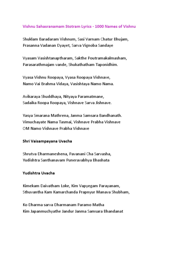 Vishnu Sahasranamam Stotram Lyrics | PDF | Hindu Deities | Hindu Gods