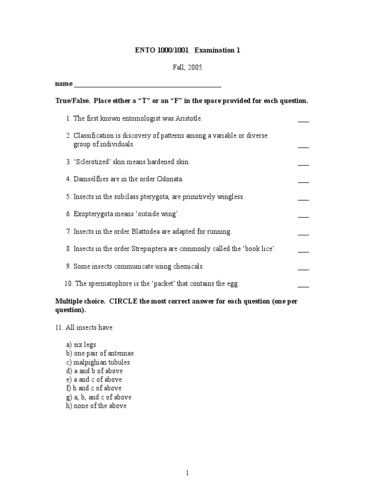 Entomology Exam 1: Fall 2005 | PDF | Living Fossils | Insects