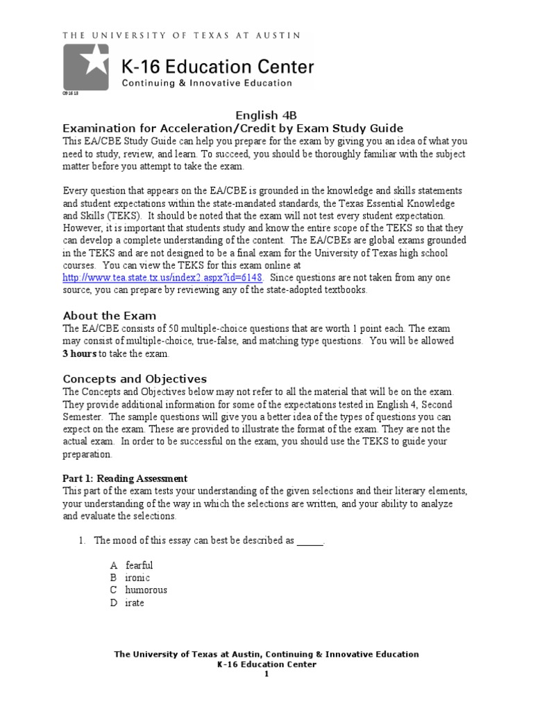 English 4B Examination For Acceleration/Credit by Exam Study Guide ...