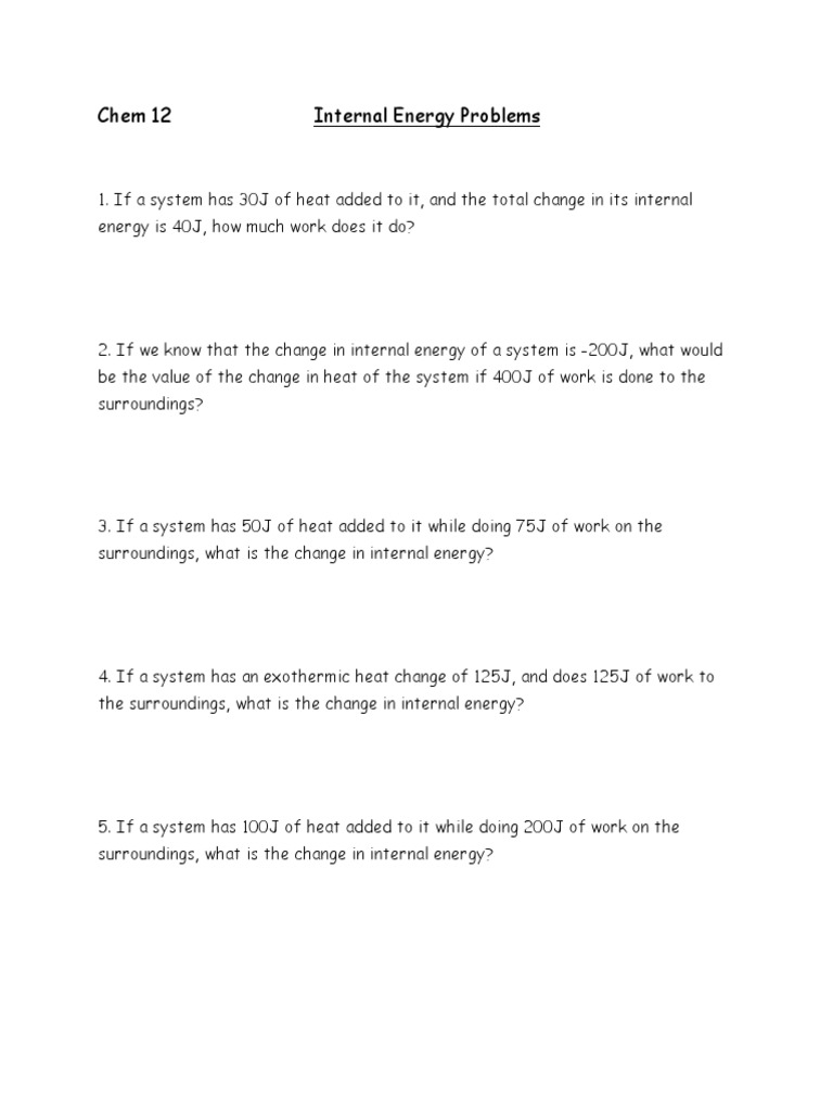1c Internal Energy Worksheet Word Problems | PDF