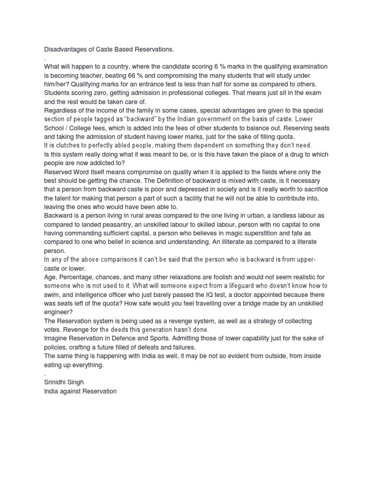 Disadvantages of Caste Based Reservations | PDF | University And ...