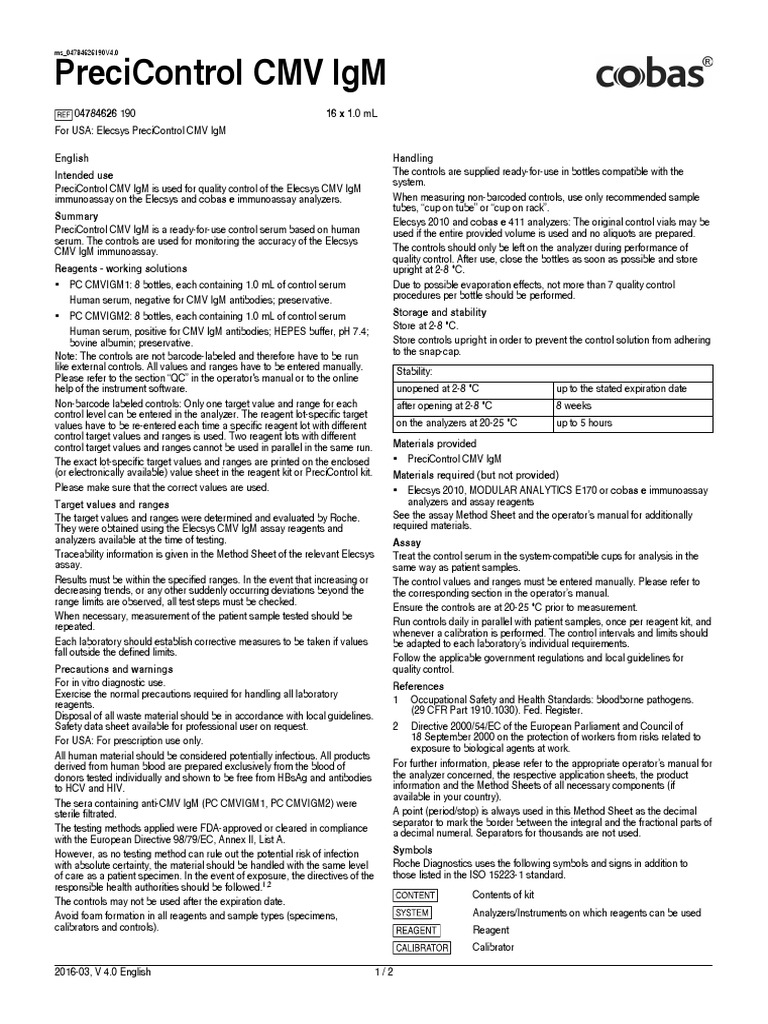 PreciControl CMV IgM - Ms - 04784626190.v4.en PDF | PDF | Assay | Infection