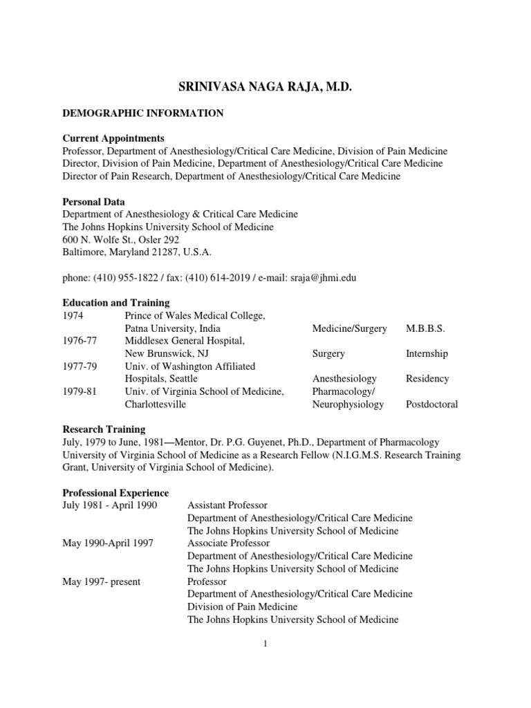 Raja Srinivas CV | PDF | Anesthesia | Pain