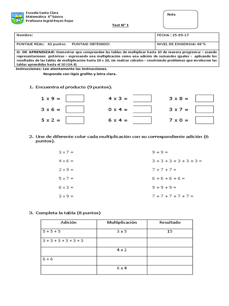 Prueba de Multiplicaciones 4° Básico | PDF | Multiplicación | Ciencia ...