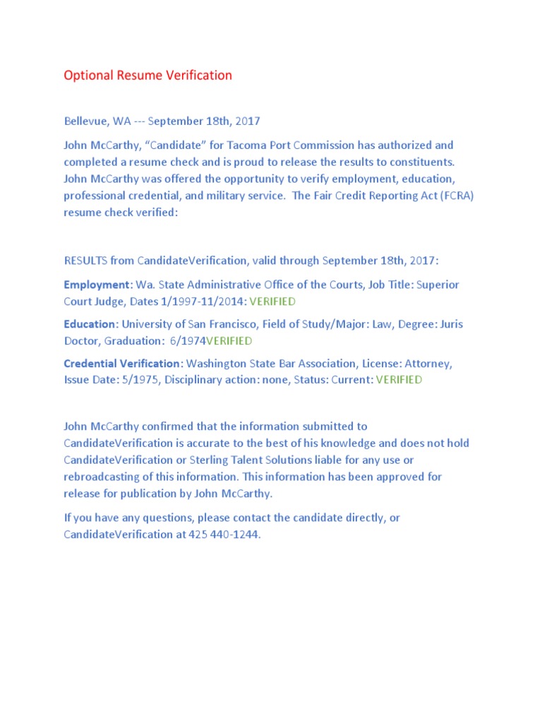 JohnMcCarthyOptional Resume Verification | PDF