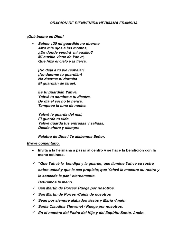 Oración de Bienvenida Hermana Fransua | PDF