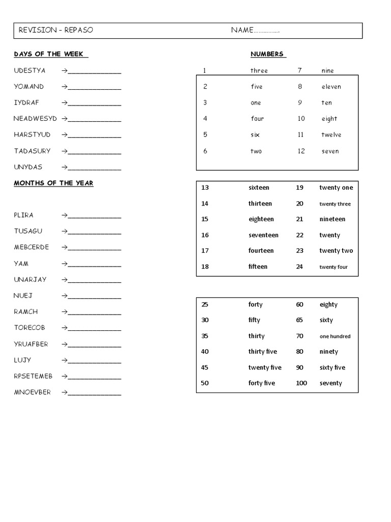 Numbers and Calendar Terms Guide | PDF