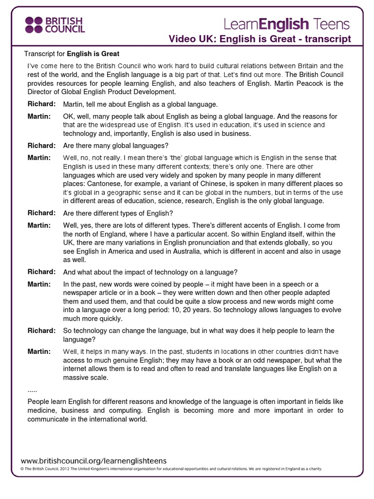 English Is Great - Transcript | PDF | English Language | Accent ...