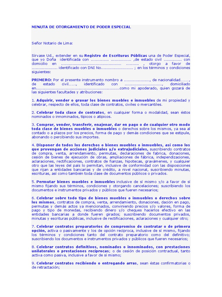 MINUTA DE OTORGAMIENTO DE PODER ESPECIAL.docx | Pagos | Derecho privado ...