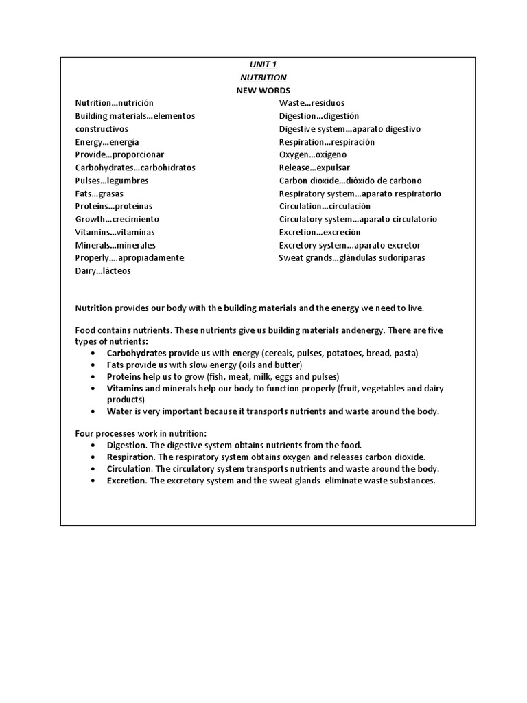 LEVEL 6. Unit 1. Nutrition I | PDF | Respiratory System | Human Digestive System