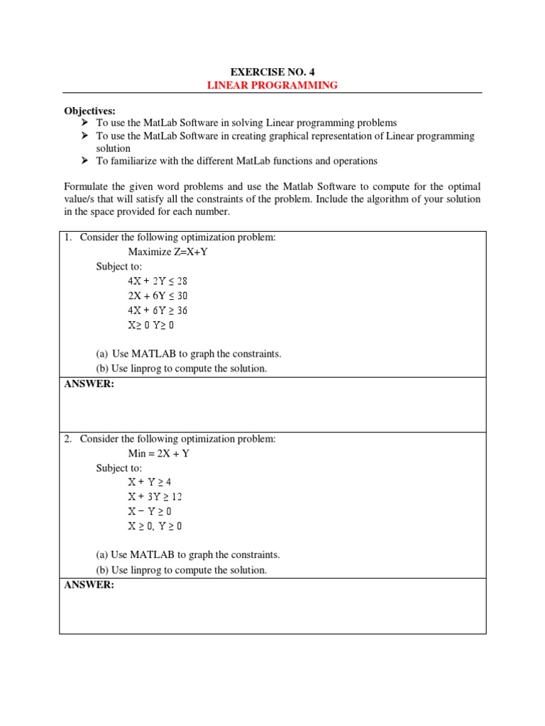 MATLAB Linear Programming Exercises | PDF