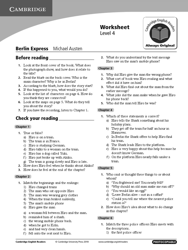 Cambridge English Readers Level4 Intermediate Berlin Express Worksheet ...